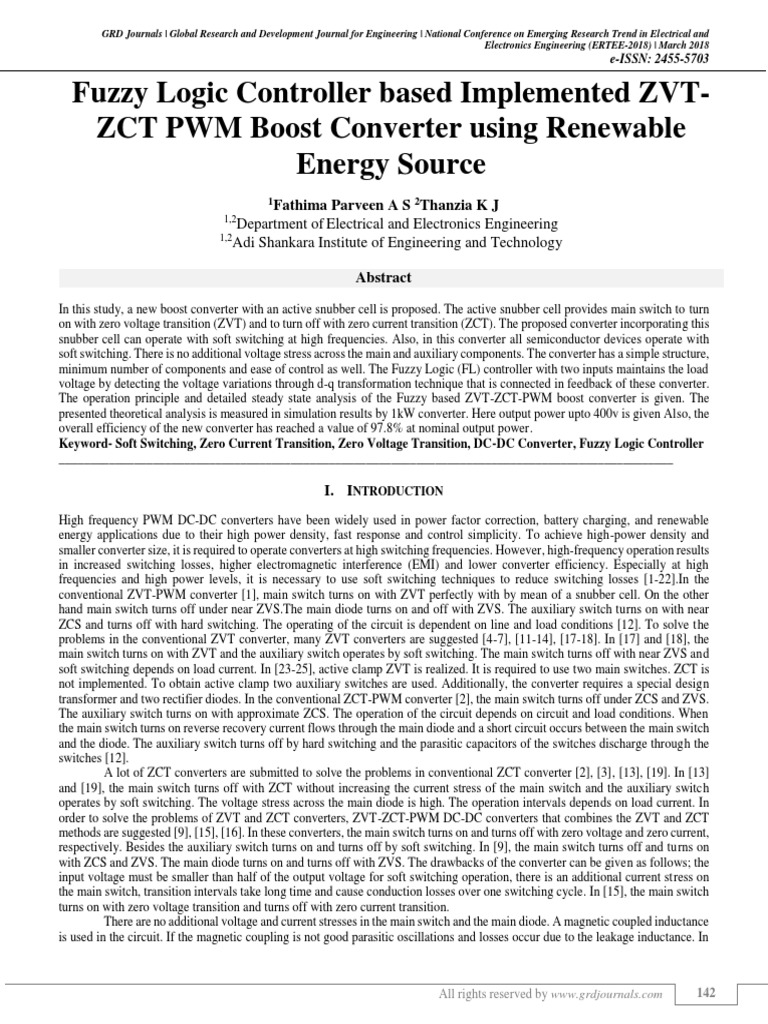 Fuzzy Logic Controller Based Implemented ZVT-ZCT PWM Boost Converter Using Renewable Energy ...