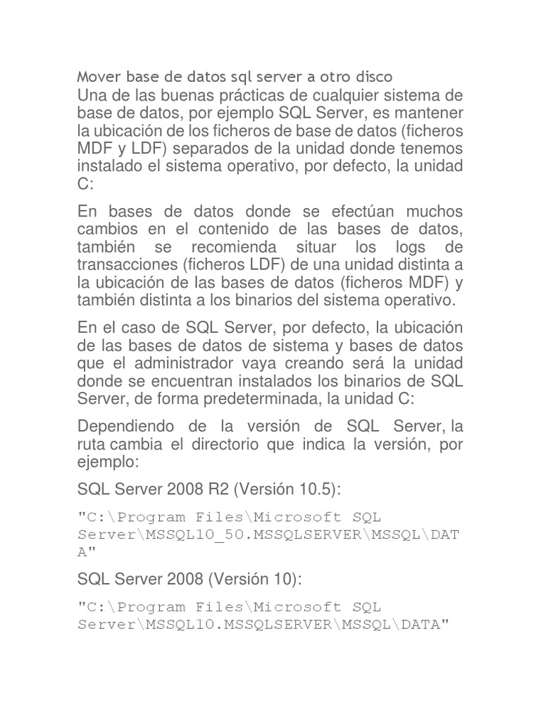 Mover Base de Datos SQL Server A Otro Disco | PDF | Servidor SQL de Microsoft | SQL