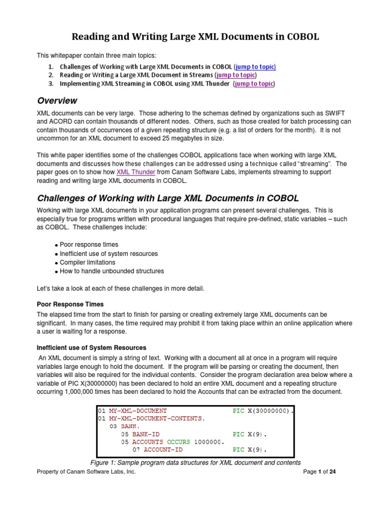 Reading and Writing Large XML Documents in COBOL | PDF | Xml | Xml Schema