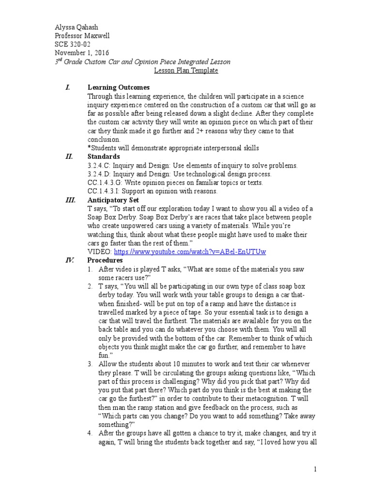 3rd Grade Custom Car Lesson Plan | PDF | Lesson Plan | Reason