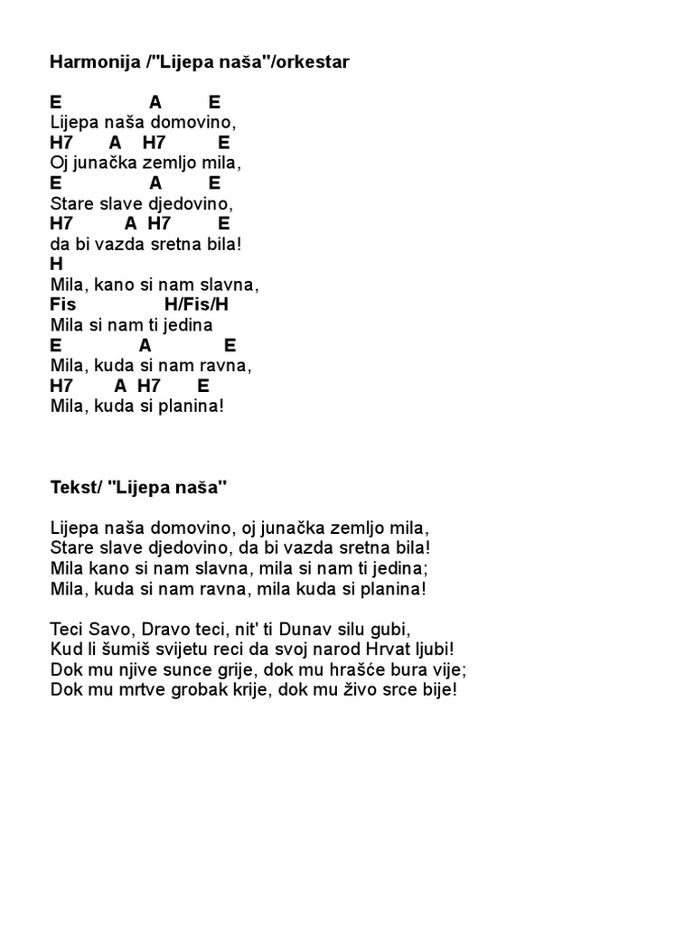 Himna Lijepa Nasa E Dur | PDF