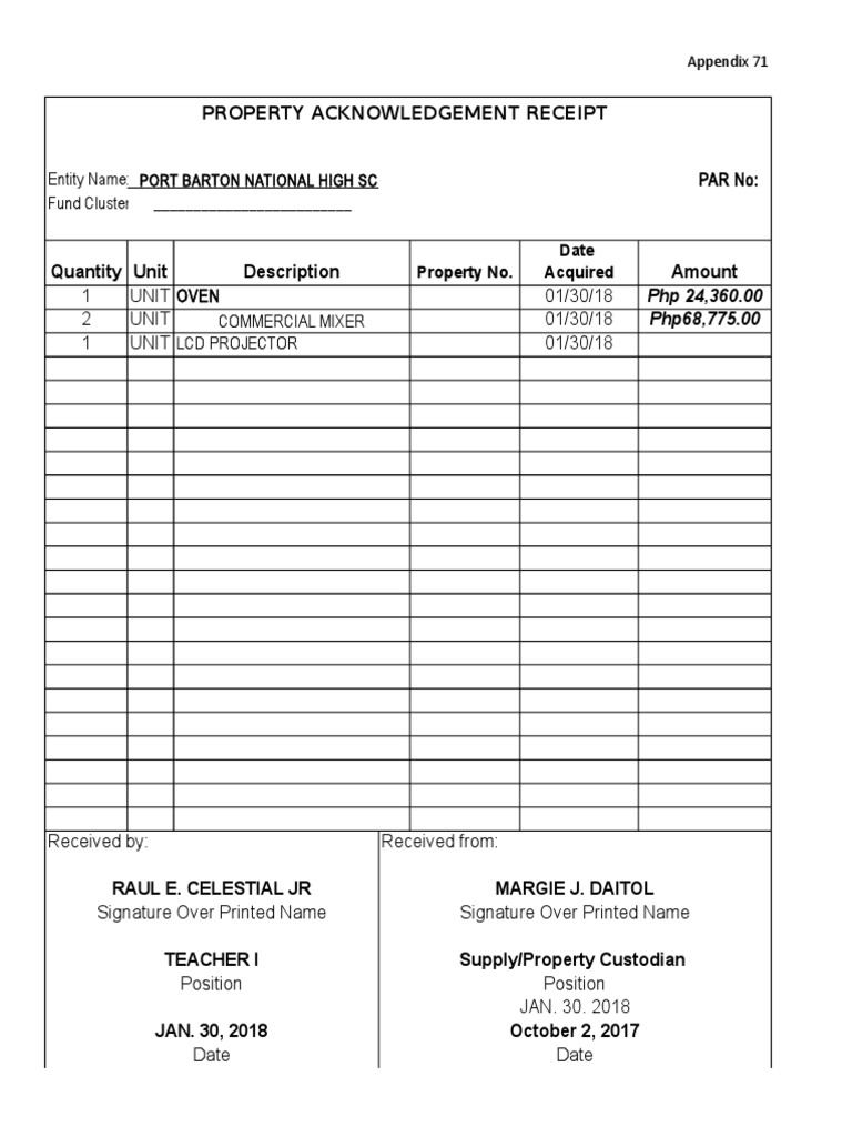 Property Acknowledgement Receipt: Appendix 71 | PDF