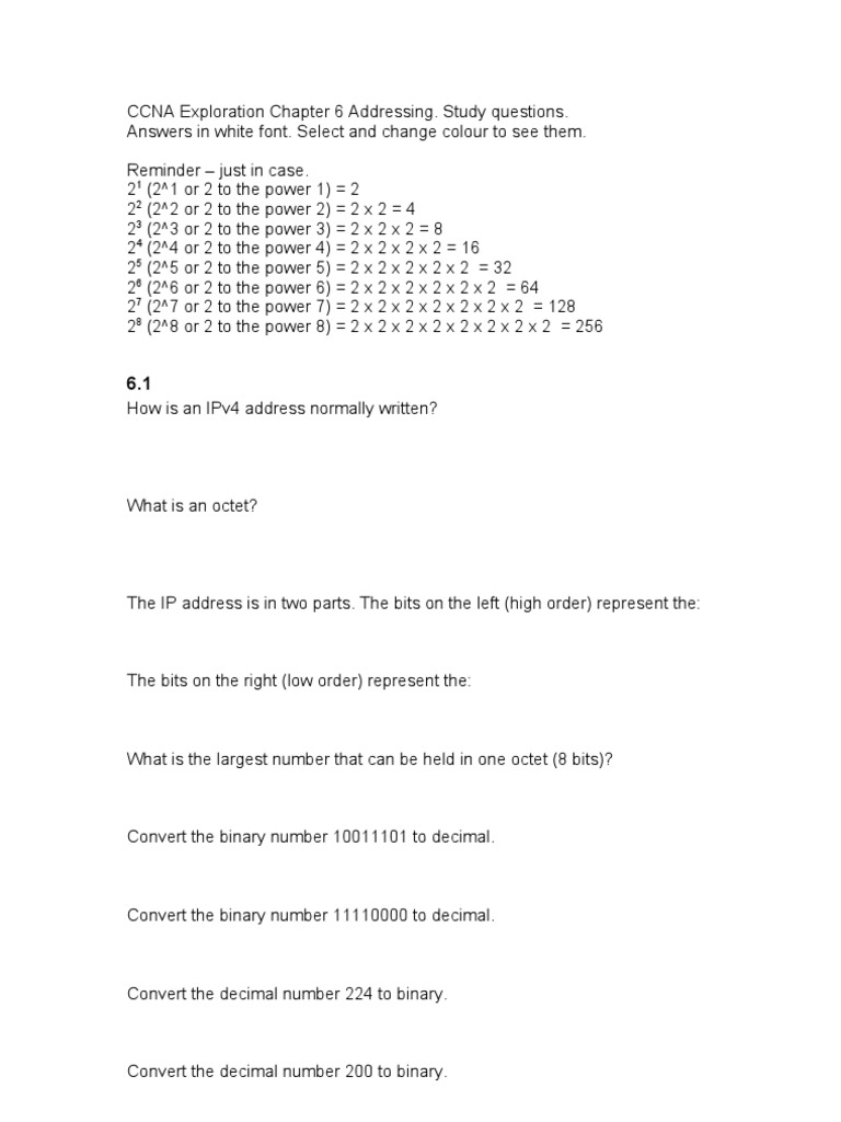 Chap 6 Addressing Study Questions | PDF | Ip Address | I Pv6