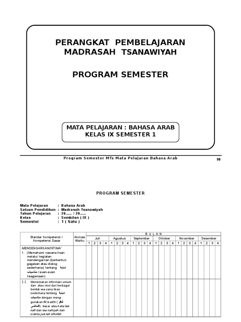 Prosem Bahasa Arab MTs Kelas 9 Semester 1&2 | PDF