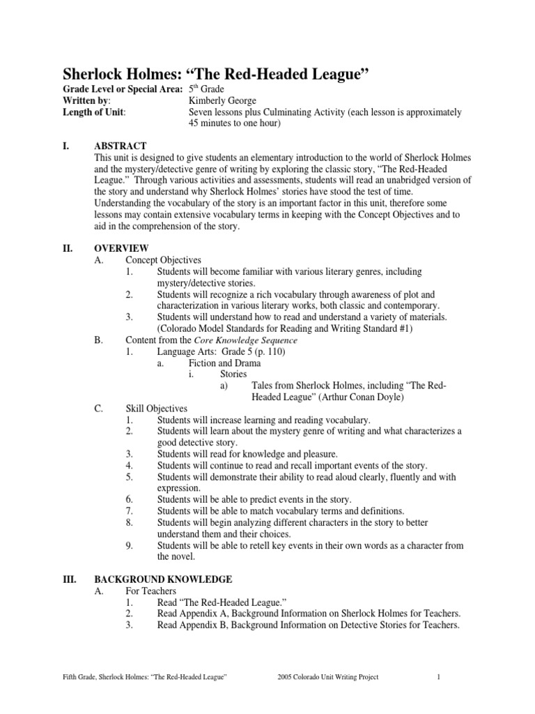 The Red Headed League Lesson Plan | The Red Headed League | Sherlock Holmes