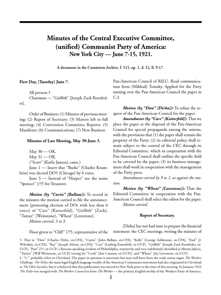 Minutes of The Central Executive Committee, (Unified) Communist Party ...
