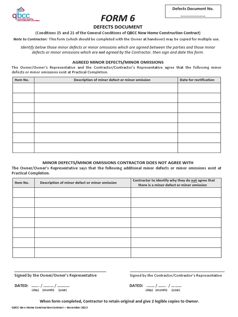 Form 6 Form 5: Defects Document Variation Document