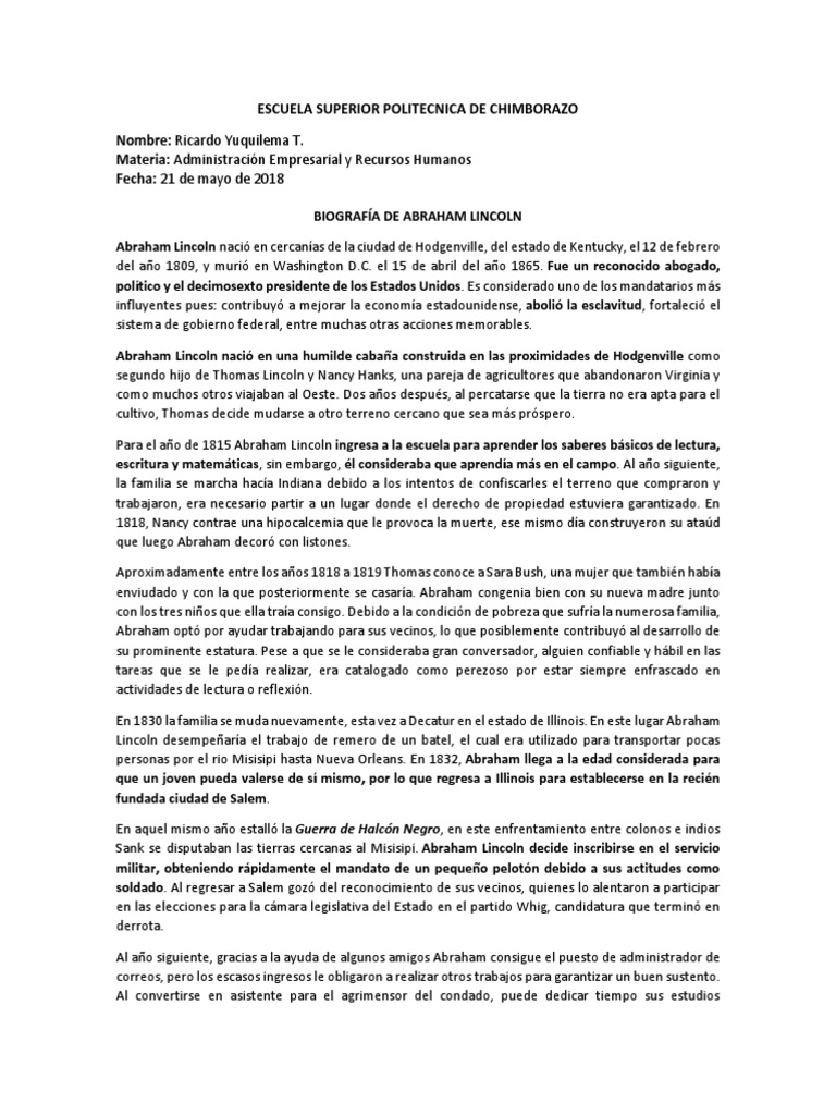 Biografía de Abraham Lincoln | PDF | Abraham Lincoln | Guerra civil ...