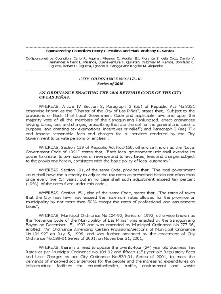 Las Piñas 2016 Revenue Code Ordinance | PDF | Lease | Partnership