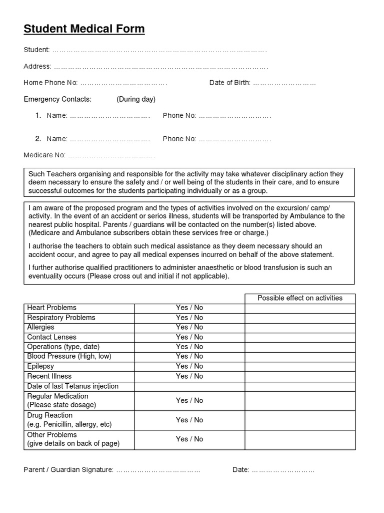 Student Medical Form | PDF