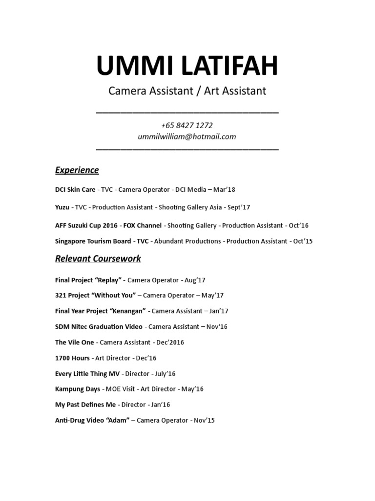 UMMI LATIFAH: Camera & Art Assistant Experience | PDF