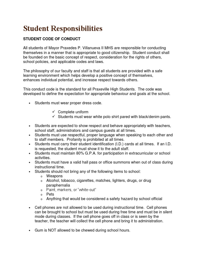 Student Responsibilities: Student Code of Conduct | PDF | Clothing ...