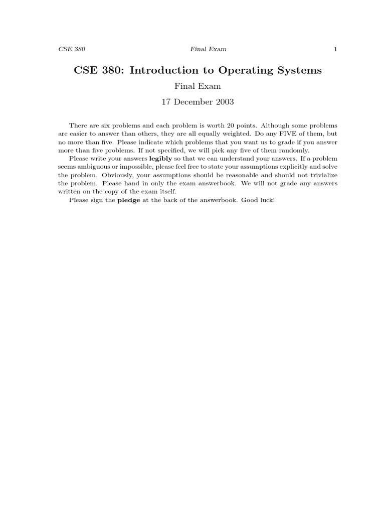 CSE 380: Introduction To Operating Systems: Final Exam 17 December 2003 | PDF | Thread ...