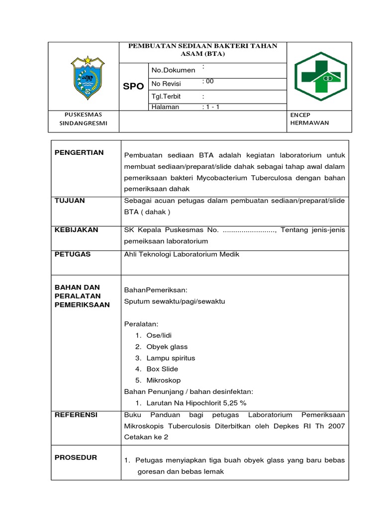 Prosedur Pembuatan Sediaan BTA | PDF
