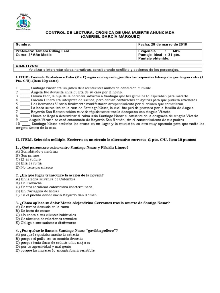 Análisis de "Crónica de una muerte anunciada" | PDF