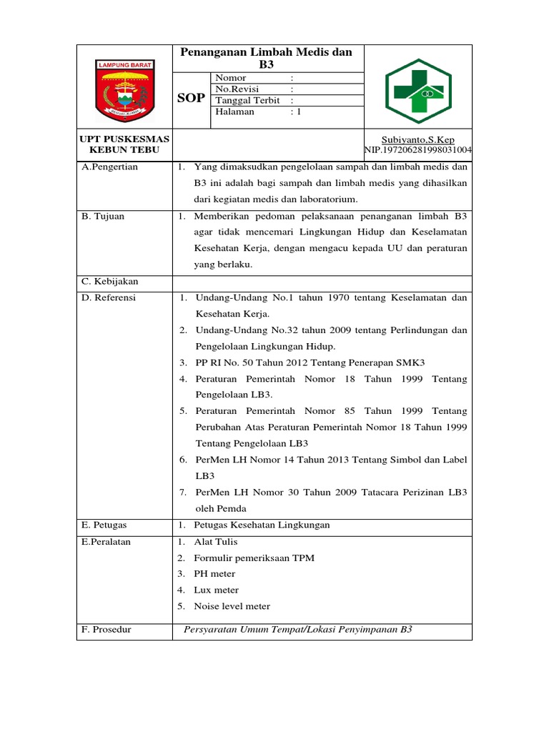 SOP Penanganan Limbah Medis Dan B3 | PDF