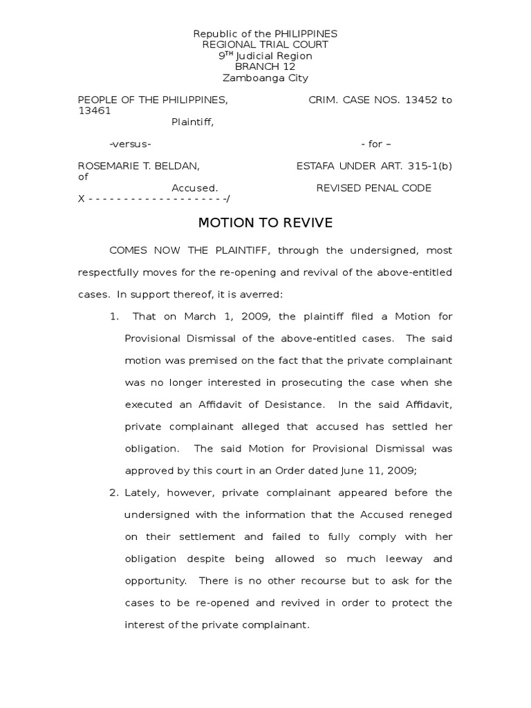 Motion To Revive | PDF | Prosecutor | Separation Of Powers