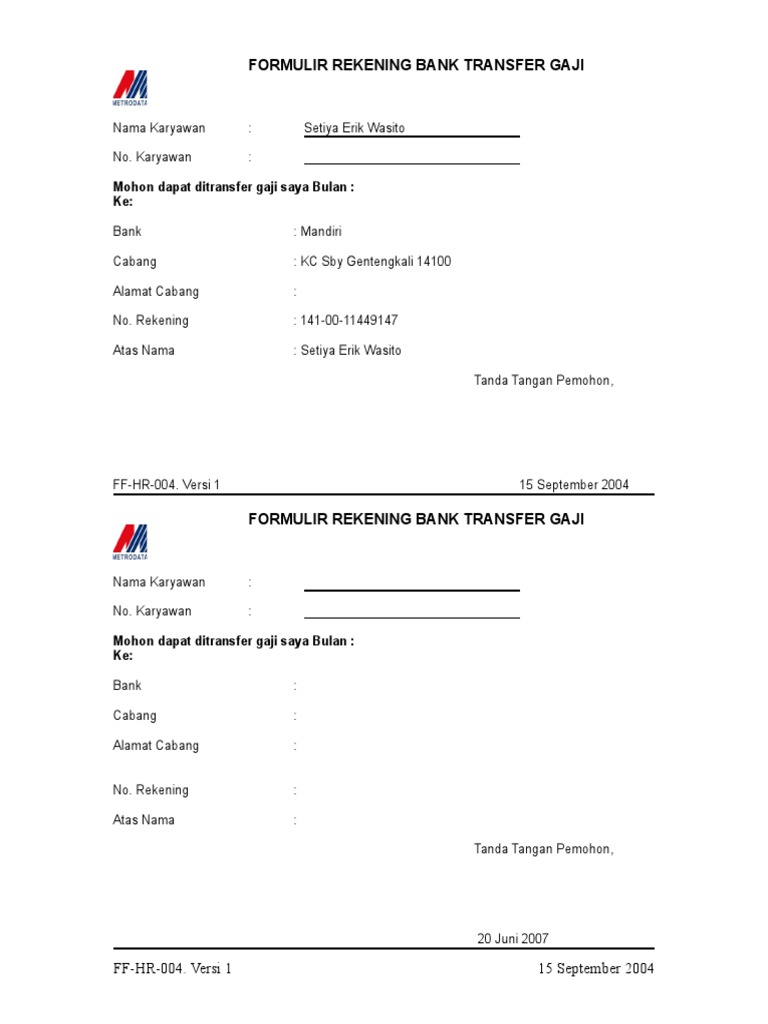 04 Formulir Rekening Bank Transfer Gaji | PDF