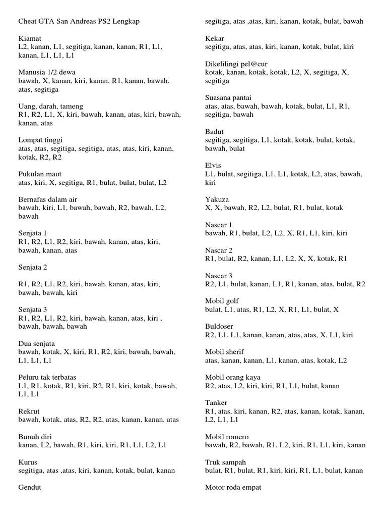 Cheat GTA San Andreas PS2 Lengkap | PDF