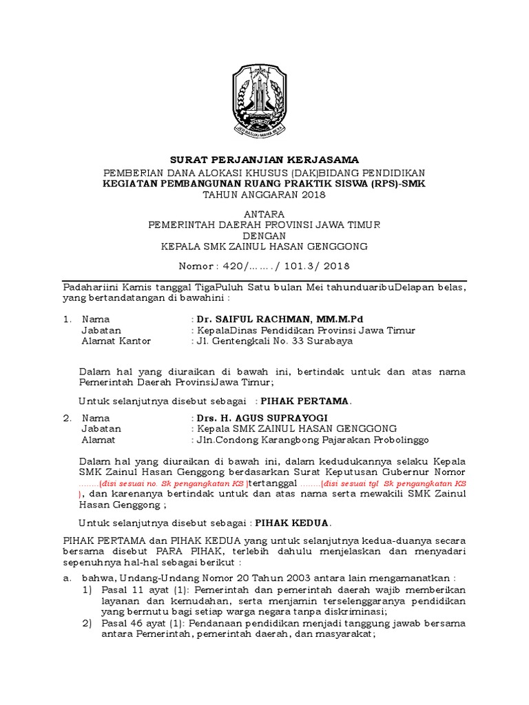 Surat Perjanjian Kerjasama Revisi 2018 | PDF