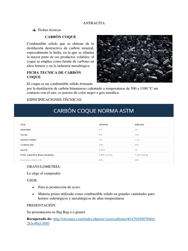 FICHAS TÉCNICAS DE CARBÓN | Coque (Combustible) | Antracita
