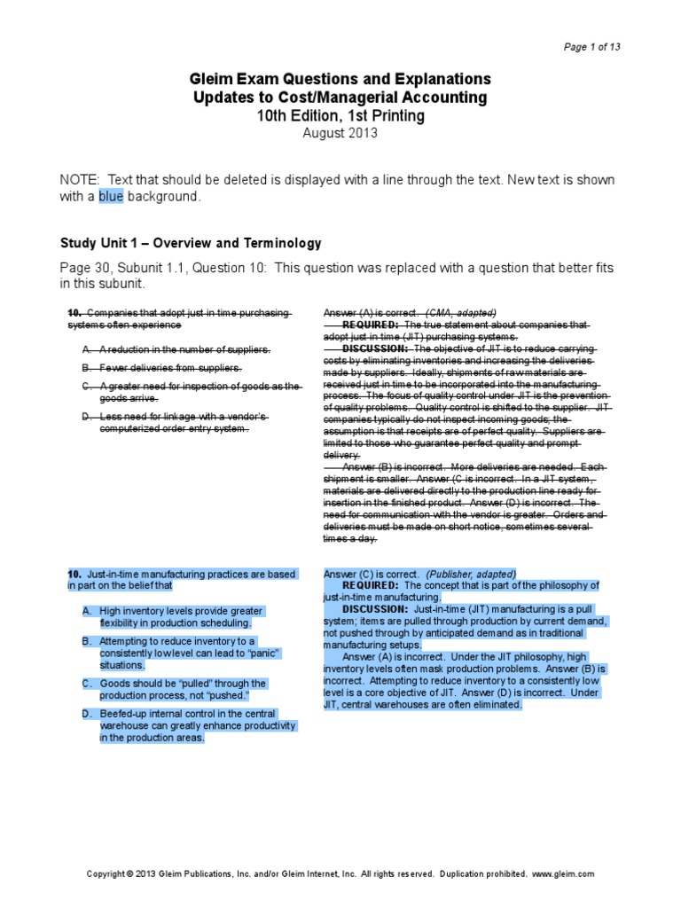 Gleim Exam Questions and Explanations Updates To Cost/Managerial ...