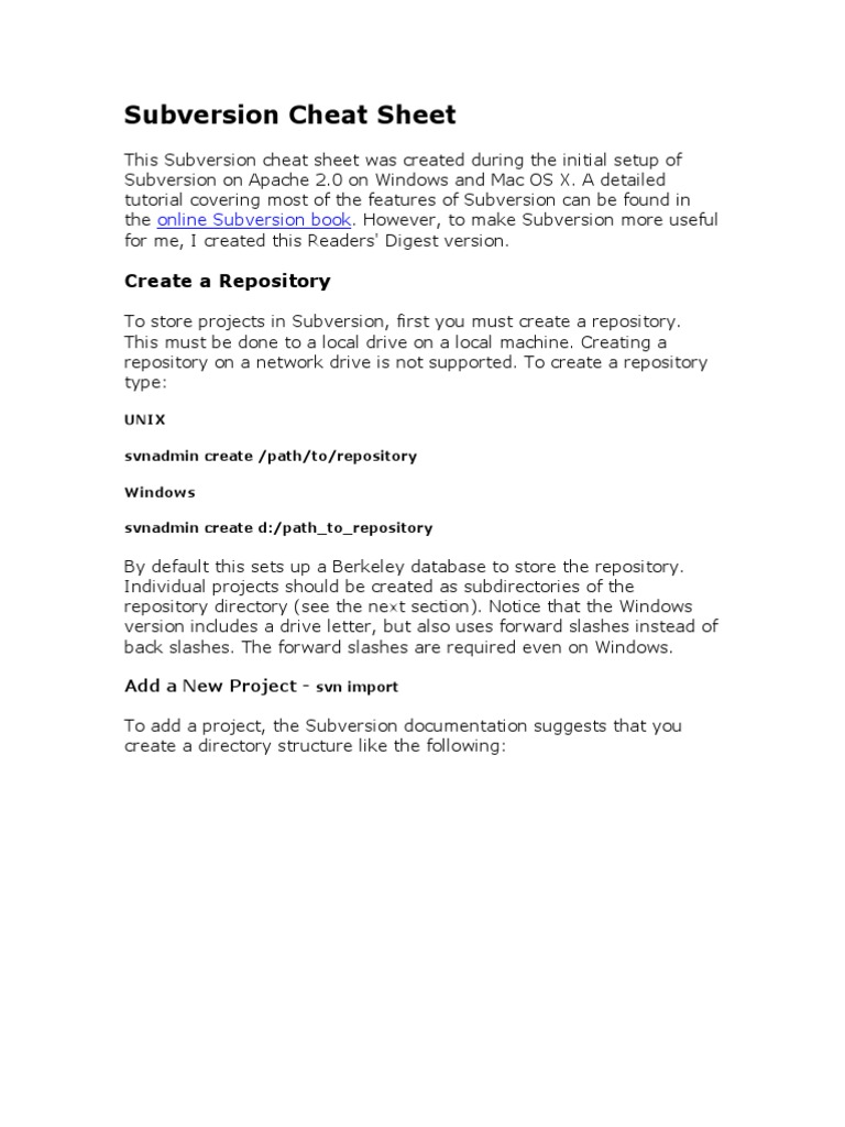 Subversion Cheat Sheet | PDF | Computer Architecture | Operating System ... Subversion Cheat Sheet | PDF | Computer Architecture | Operating System ...