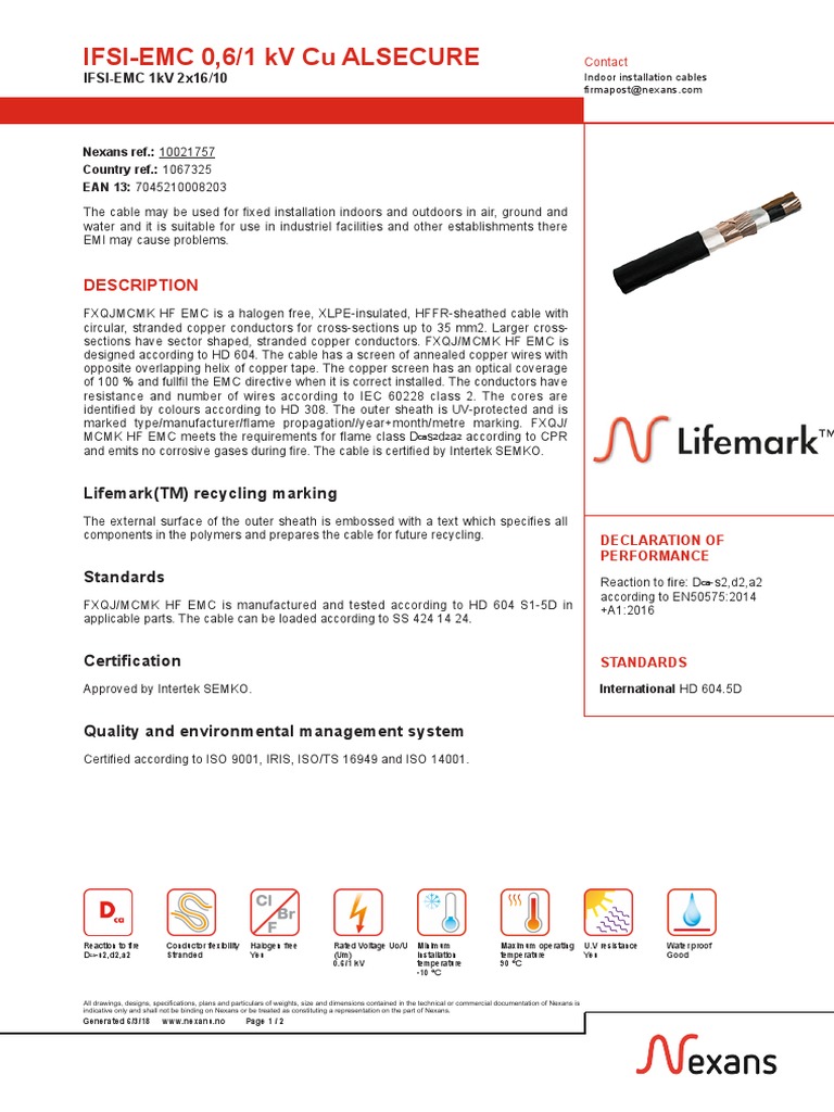 Power Cables IFSI EMC 1kV 2x16 10 | PDF | Electrical Conductor ...