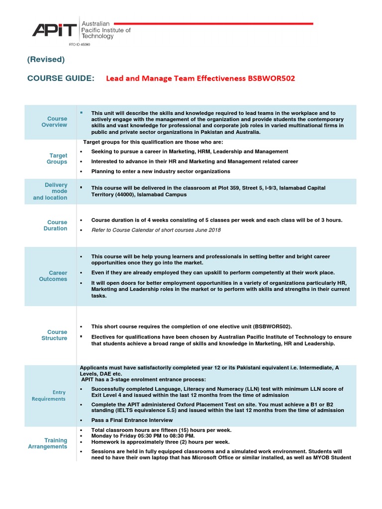 Revised Course Guide For BSBWOR502 Lead and Manage Team Effectiveness ... Revised Course Guide For BSBWOR502 Lead and Manage Team Effectiveness ...