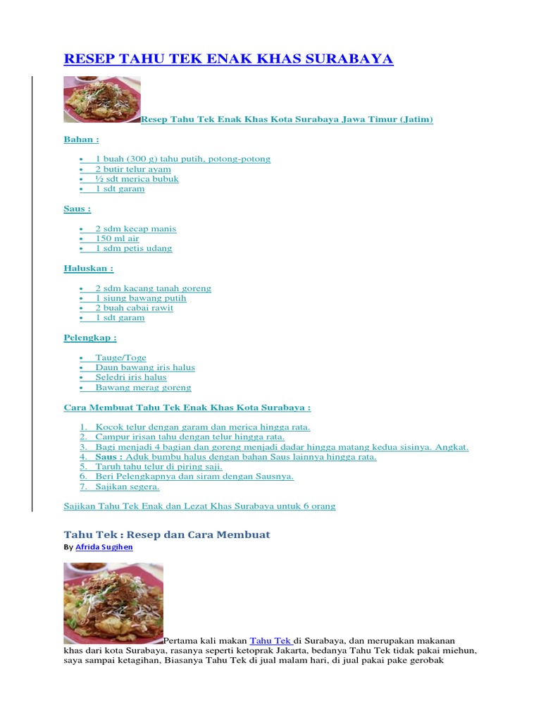 Resep Tahu Tek Enak Khas Surabaya | PDF