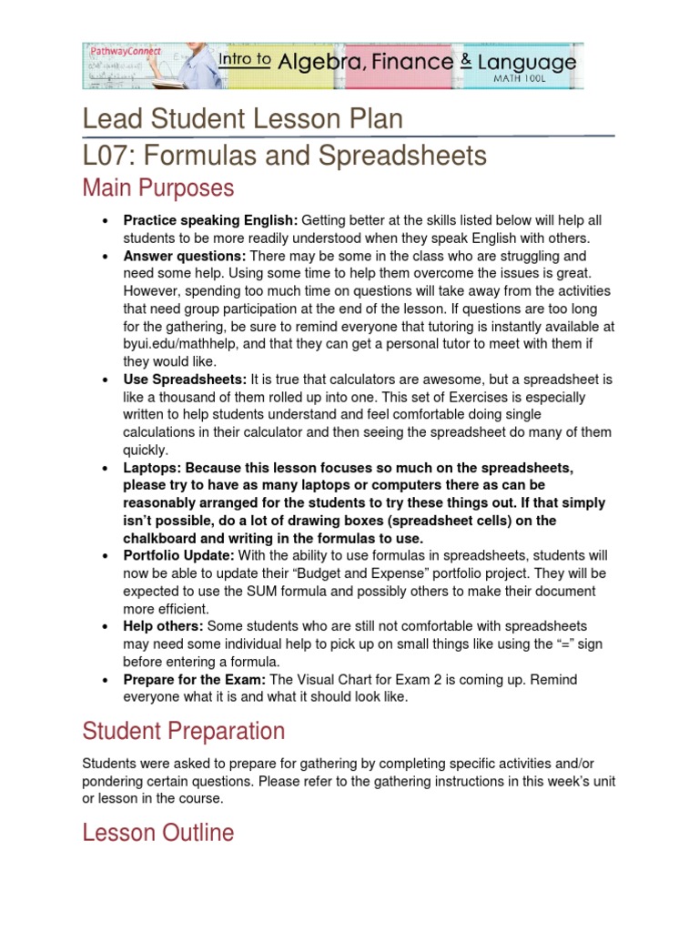 Student Lesson Plan: Spreadsheets & Formulas | PDF | Spreadsheet | Homework