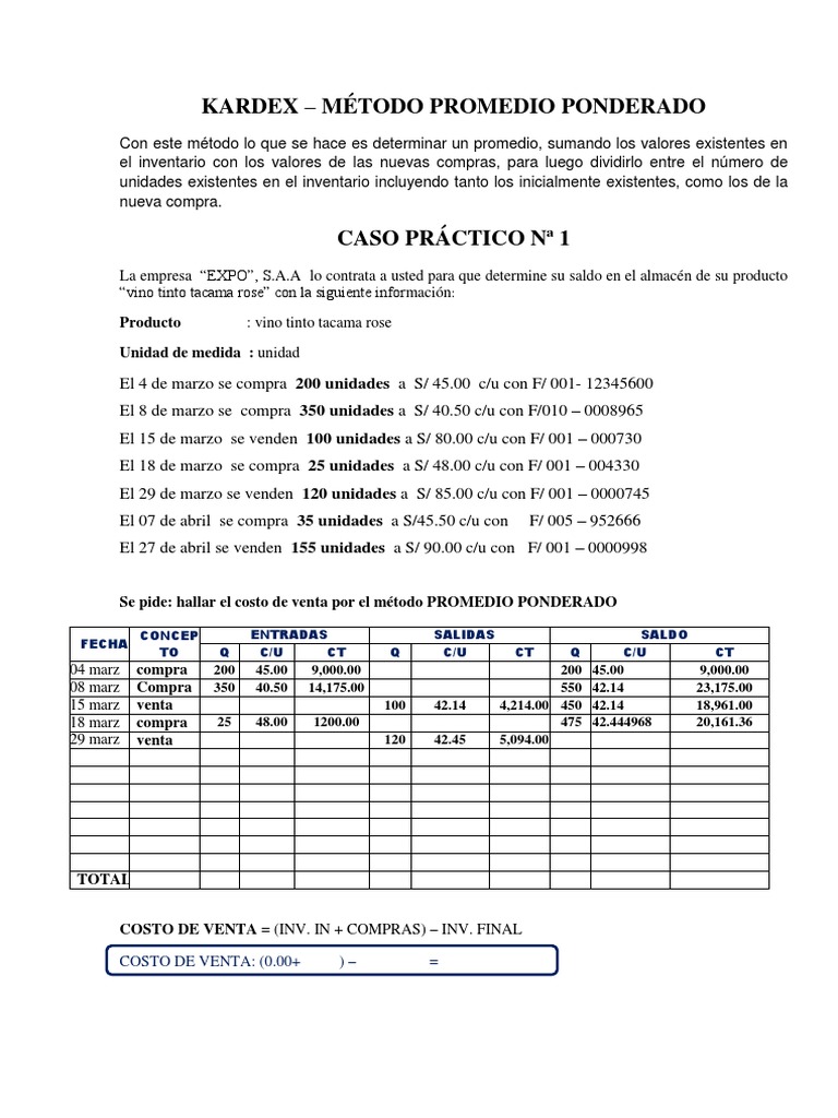 CASO PRÁCTICO N 1 Kardex Promedio | PDF | Inventario | Economias