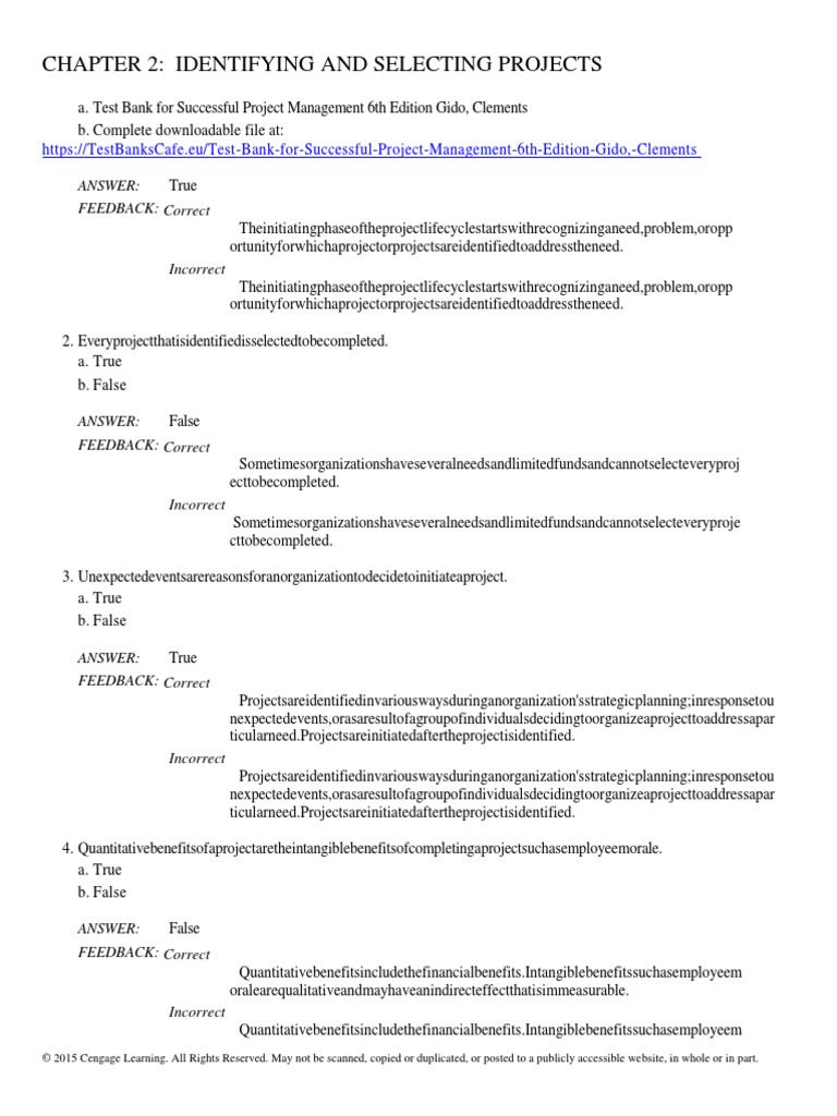 Test Bank For Successful Project Management 6th Edition Gido, Clements ...