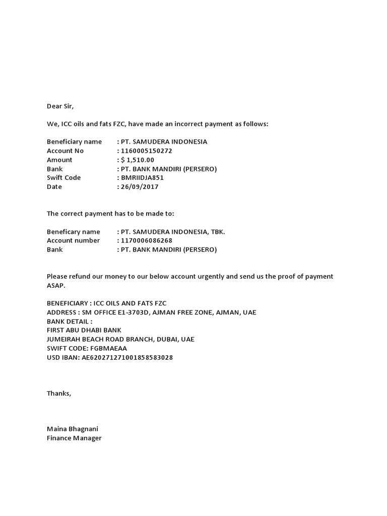 Wrong Bank Account Letter | PDF | Finance & Money Management | Law