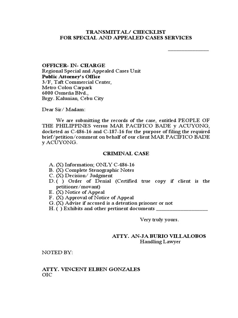 Transmittal/ Checklist For Special and Appealed Cases Services | PDF