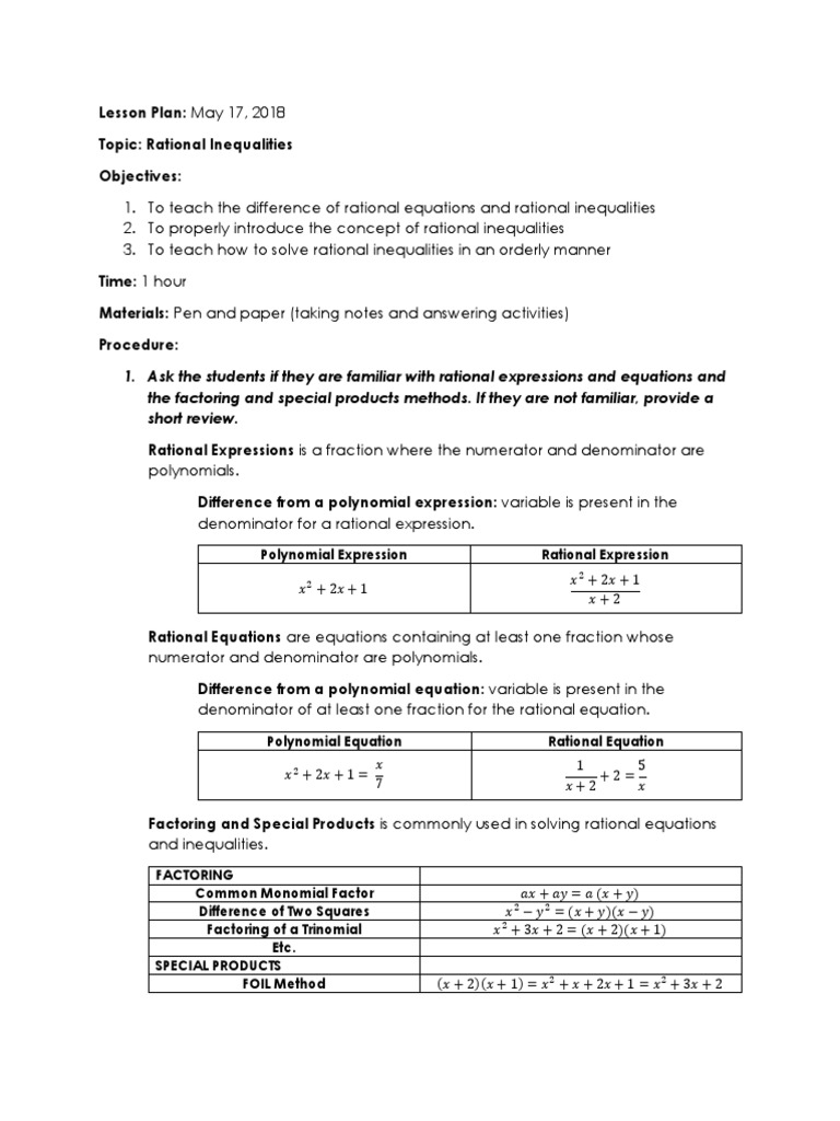 Lesson Plan (Teaching Demo) - Rational Inequalities | PDF | Fraction ...