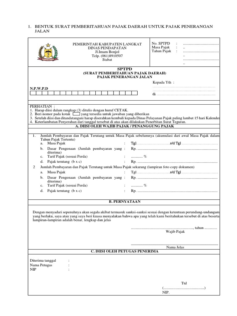 Bentuk Surat Pemberitahuan Pajak Daerah Untuk Pajak Penerangan Jalan | PDF