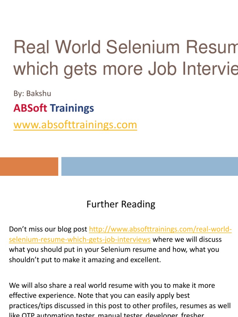 Real World Selenium Resume Which Gets More Job Interviews: Trainings ...