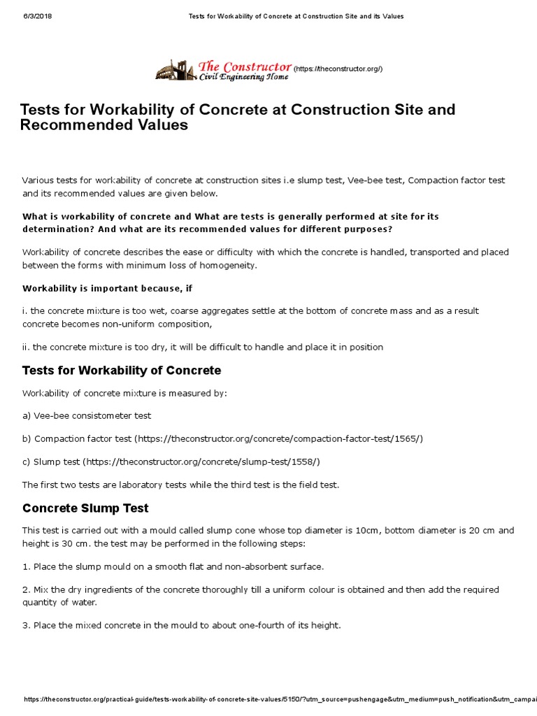 Tests For Workability of Concrete at Construction Site and Its Values ...