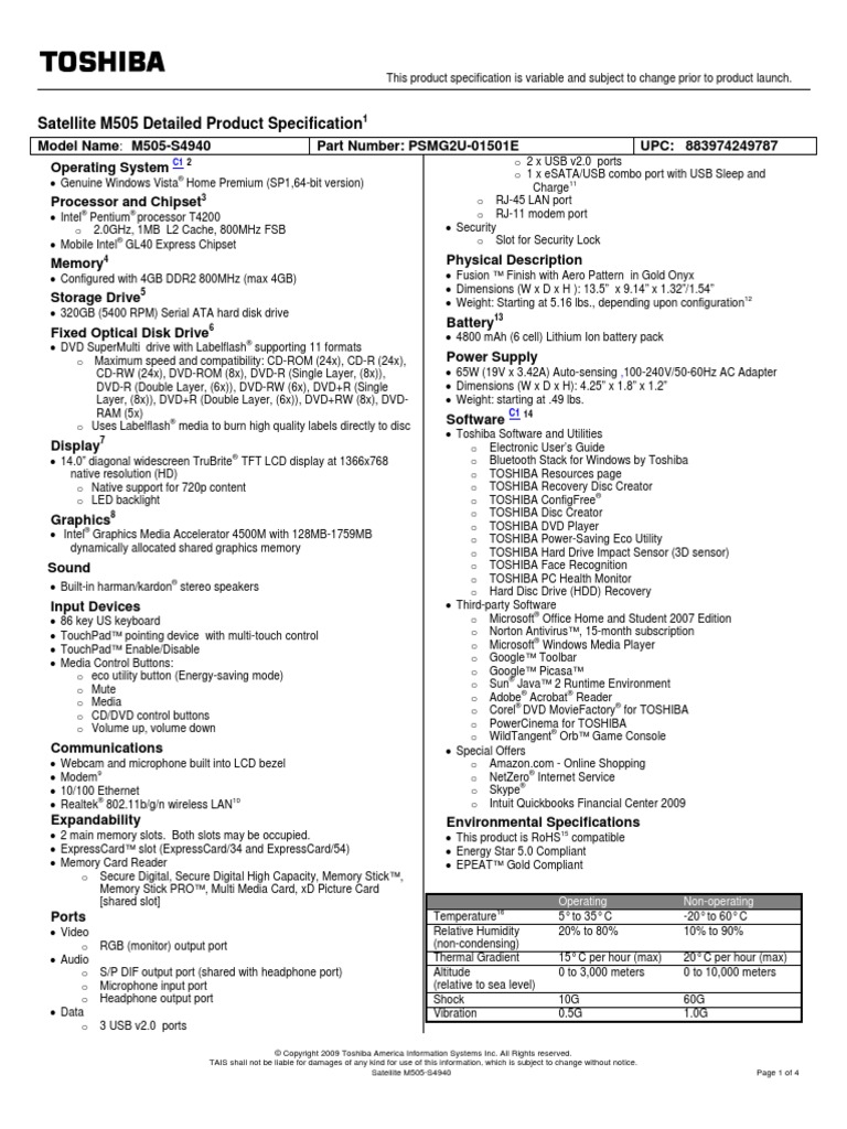 Satellite M505 S4940 | PDF | Personal Computers | Computer Data Storage