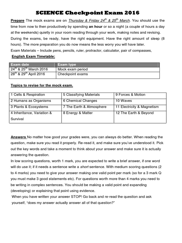 Checkpoint Science Revision Pack 20161 | PDF | Test (Assessment) | Question