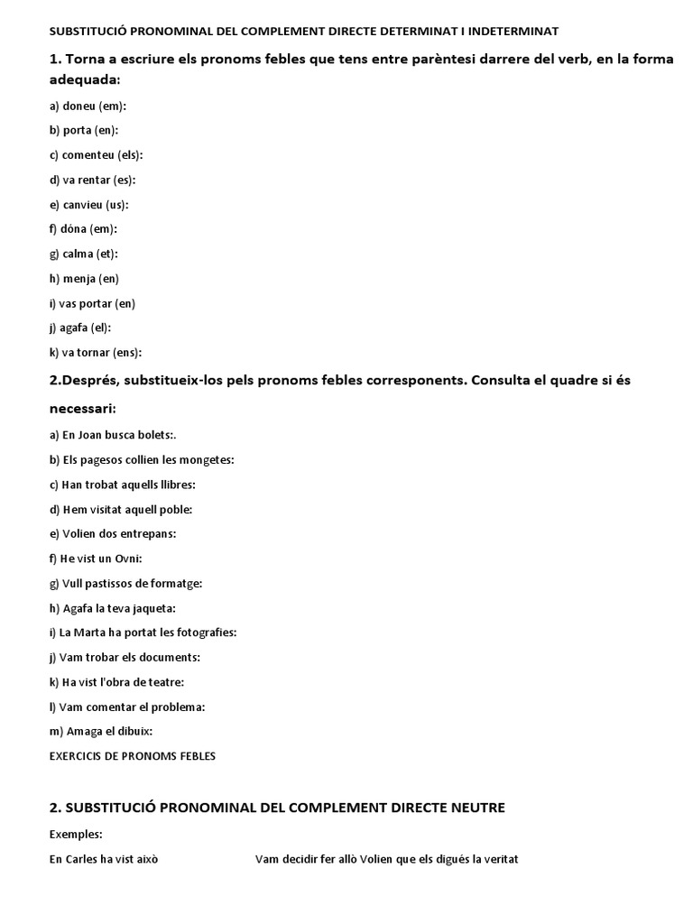 Substitució Pronominal Del Complement Directe Determinat I Indeterminat | PDF