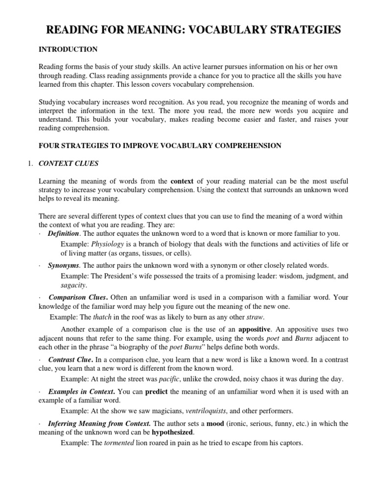 Four Vocabulary Strategies PDF | PDF | Reading Comprehension | Vocabulary