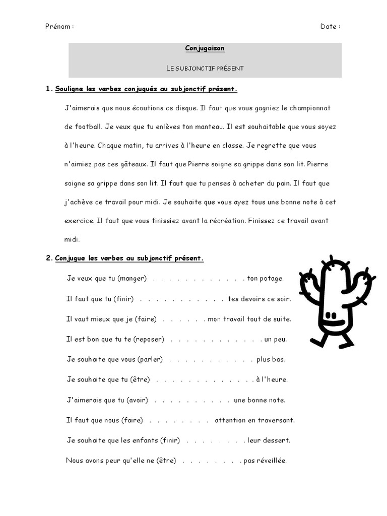 Le Subjonctif Présent Exercices | Verbe | Morphologie