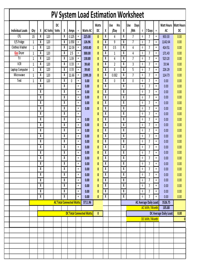 PV System Load Estimation Worksheet | PDF | Power Inverter | Direct Current
