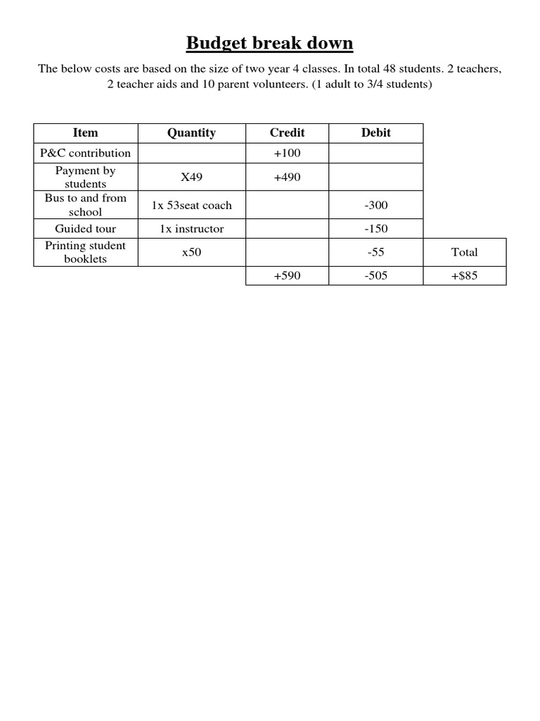 Budget Break Down: Item Quantity Credit Debit | PDF