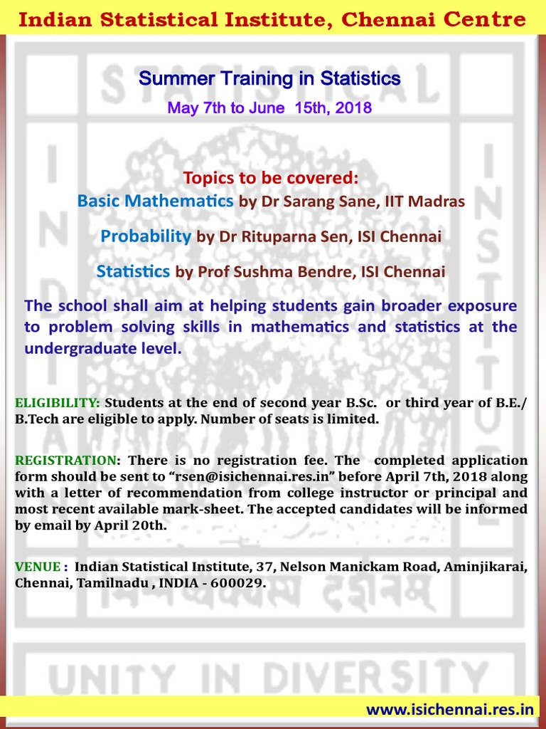 Summer Training in Statistics: Basic Mathematics Probability Statistics ...