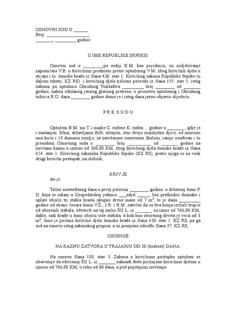 Presuda Kojom Se Optuzeni Oslobadja Od Optuzbe I Oglasava Krivim ...