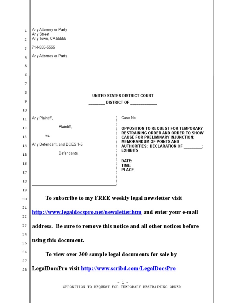 Sample Opposition To Request For TRO in United States District Court ...
