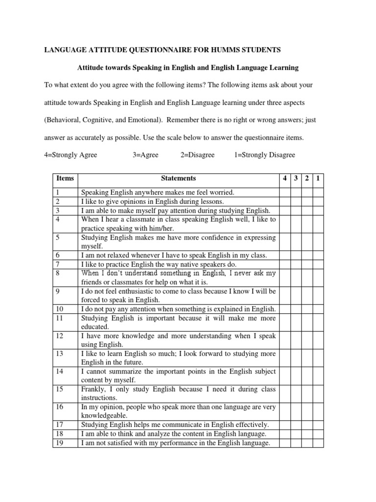 LANGUAGE ATTITUDE QUESTIONNAIRE FOR HUMMS SHS STUDENTS.docx | English ...